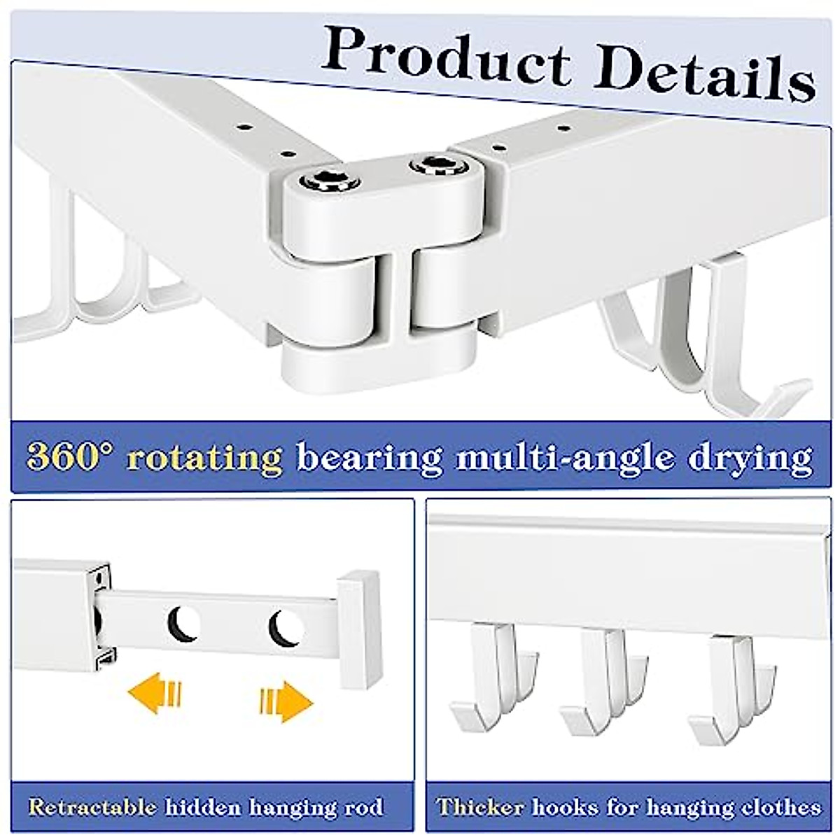 Smitenoon Clothes Drying Rack Wall Mounted Clothes Rack Collapsible Retractable Drying Hanging Racks Space Saver Balcony, Bedroom, Laundry Drying Rack, Bathroom Clothesline - Tri-Fold - White