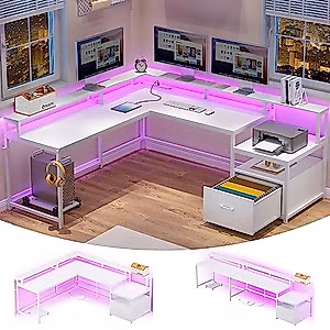 SEDETA L Shaped Gaming Desk, 66" Home Office Desk with File Drawer & Power Outlet, Gaming Desk with Led Lights, Corner Computer Desk with Monitor Shelf, Printer Storage Shelves, Two Person Desk, White
