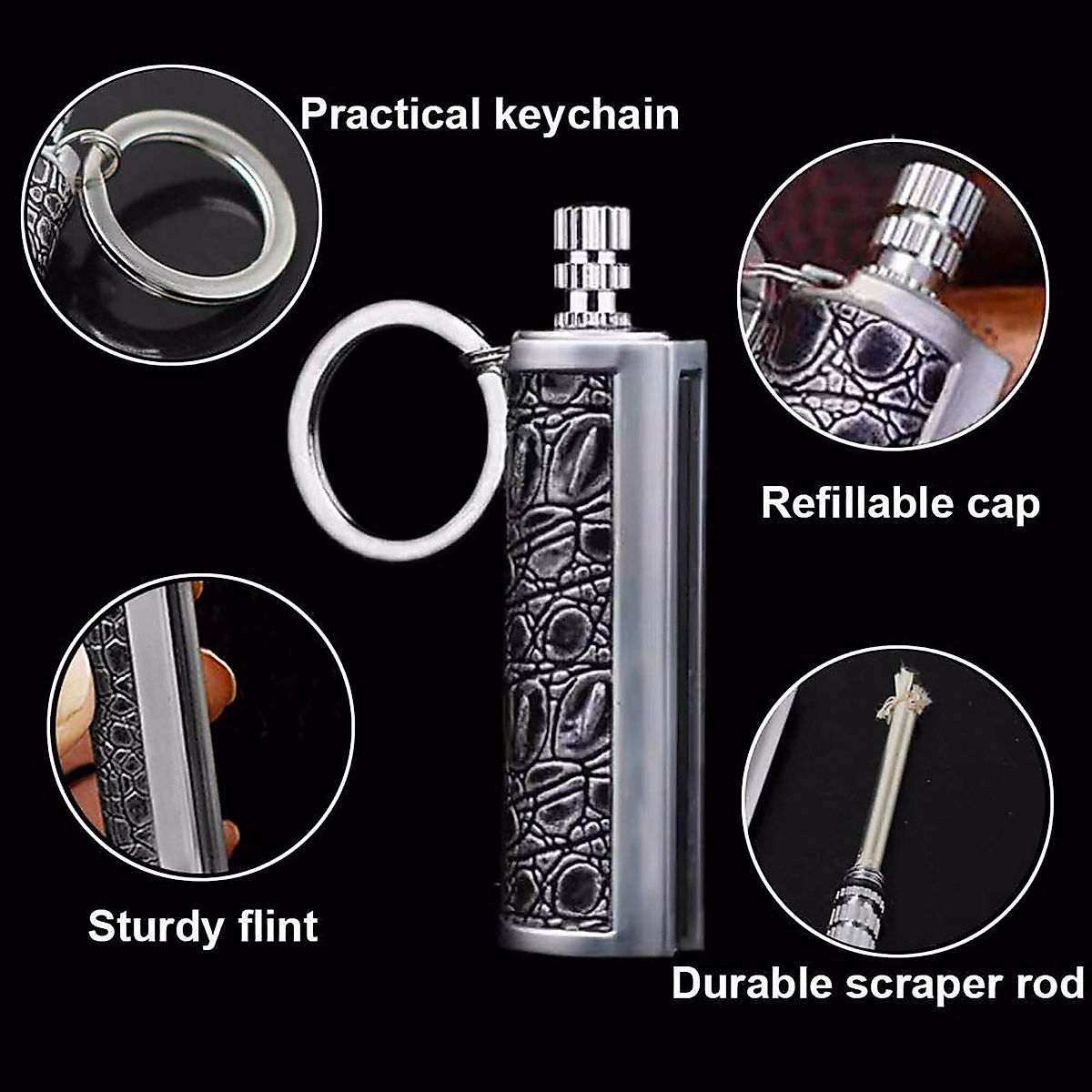 Dragon Honor Fire Starter Lighter Waterproof Flint Match Metal Keychain Camping Survival Kit,Forever Metal Match Lighter (Black)