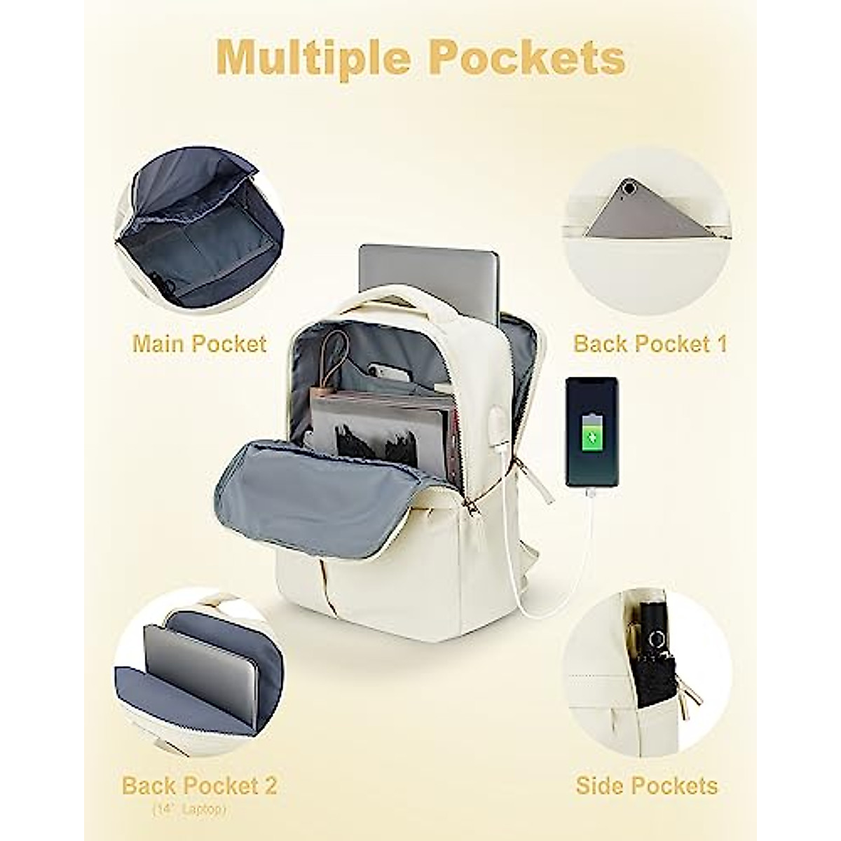 suratio Laptop Backpack for Women Casual Daypack Backpacks Travel Backpack for Traveling on Airplane Work Backpack for Men Lightweight Computer Backpack College Teacher Backpack(Beige)