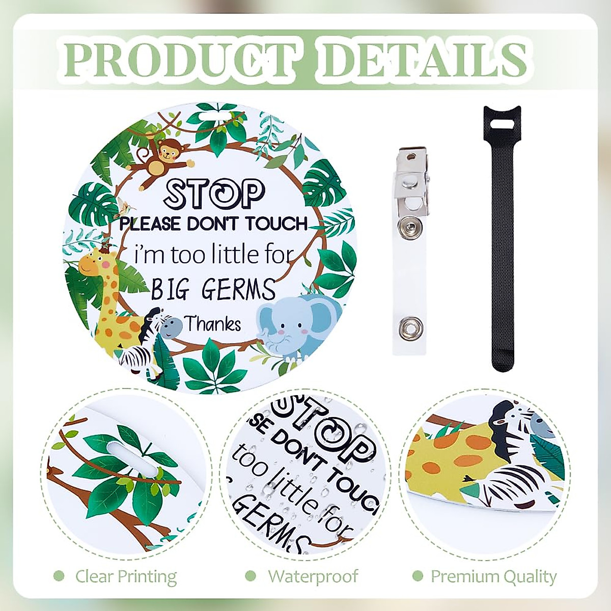 PLIGREAT 2 Pack No Touching Baby Car Seat Sign, No Kissing Baby Stroller Tag with Hanging Straps and Clip, Please Dont Touch Baby Safety Sign for Baby Girl Boy, Green Leaves and Cute Animals Pattern