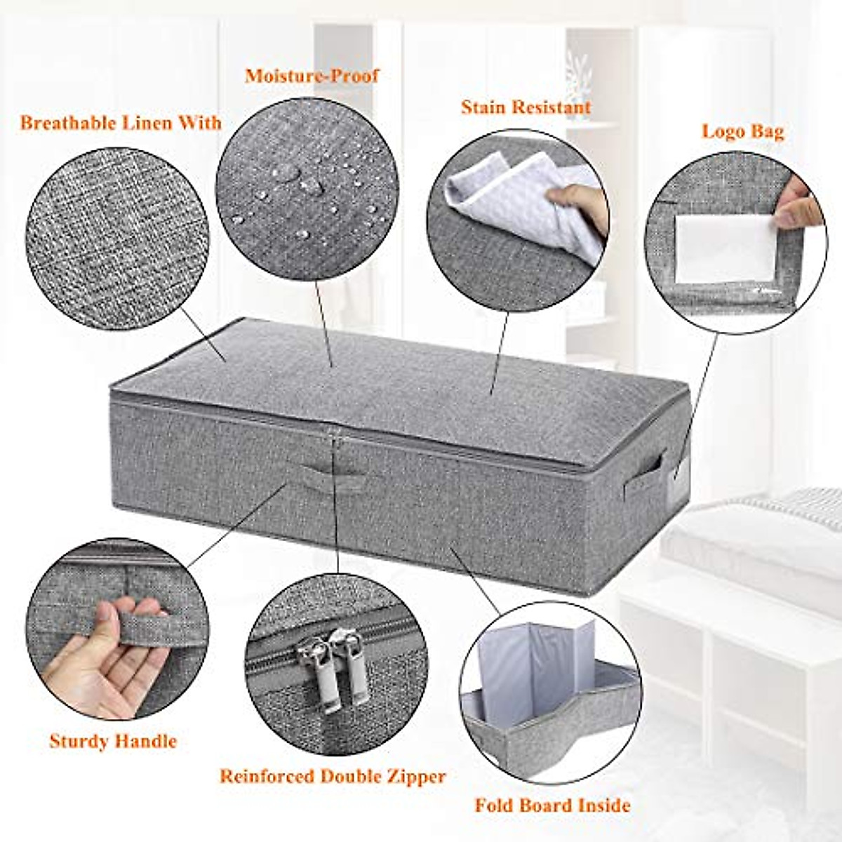 punemi Under Bed Storage, 4 Pack Underbed Storage Container Bags With Lid, Foldable Sturdy Clothes Storage Drawer Organizer W/ 3 Handles, Ultra Thick Fabric Blanket Shoe Storage Box, 30x15x6.7inch