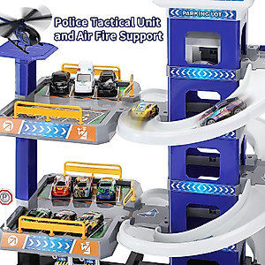 Car Garage Playset for 1:64 Police Cars, Racing Cars & Helicopter, Car Parking Playsets Toy with Elevator Parking Lot for Toddlers 1-3, Car Track for Kids Build Up to 5 Levels with 24 Parking Spaces