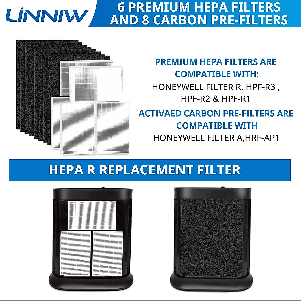 HPA300 HEPA Filter R Replacement for Honeywell HPA300, HPA200, HPA100, HPA090 Series Air Purifiers, Replace #HRF-R3, HRF-R2, HRF-R1 (6 HEPA Filter R + 8 Activated Carbon Pre-Filter)