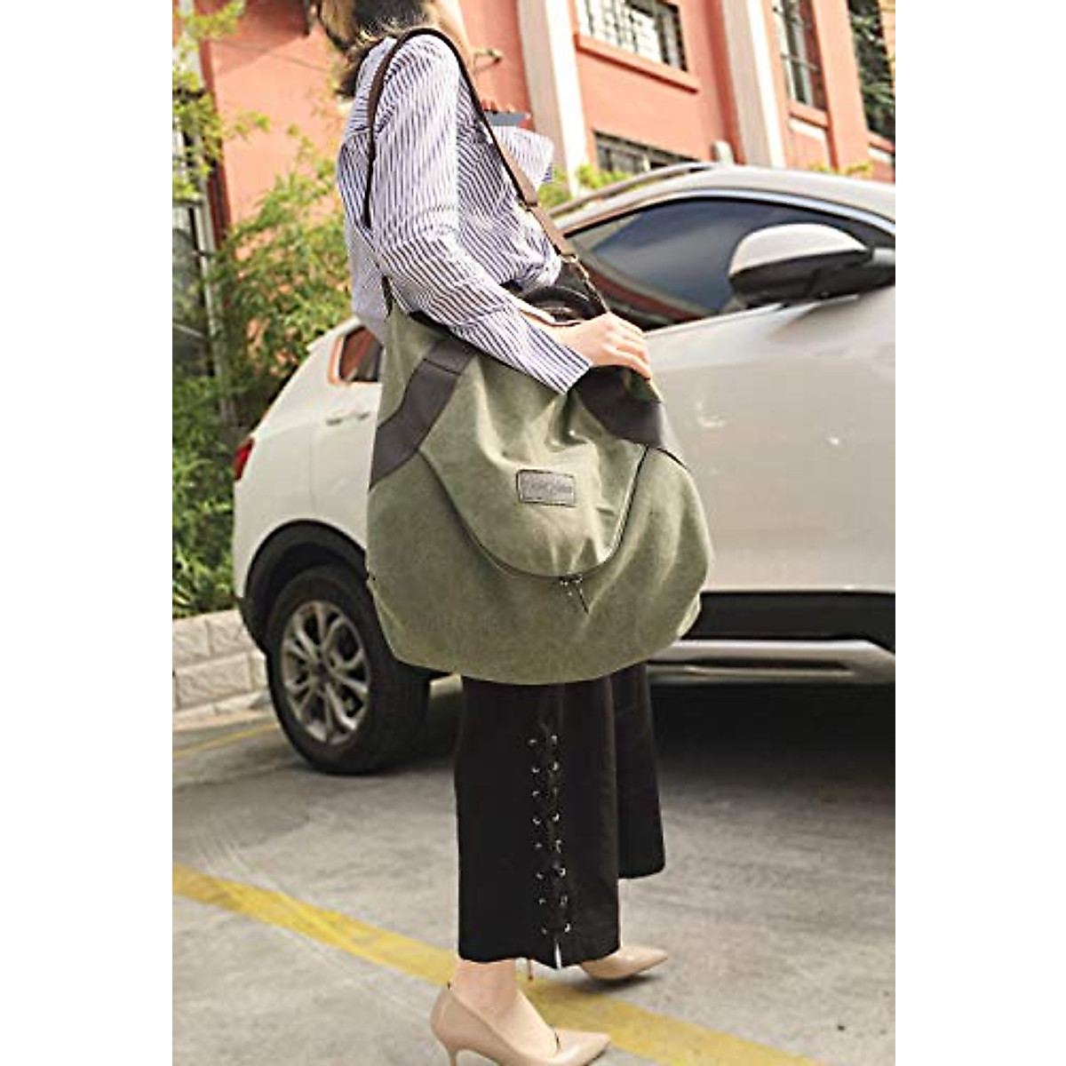xiaoxiongmao Large Pocket Casual Women's Shoulder Cross body Handbags Canvas Leather Bags Grey