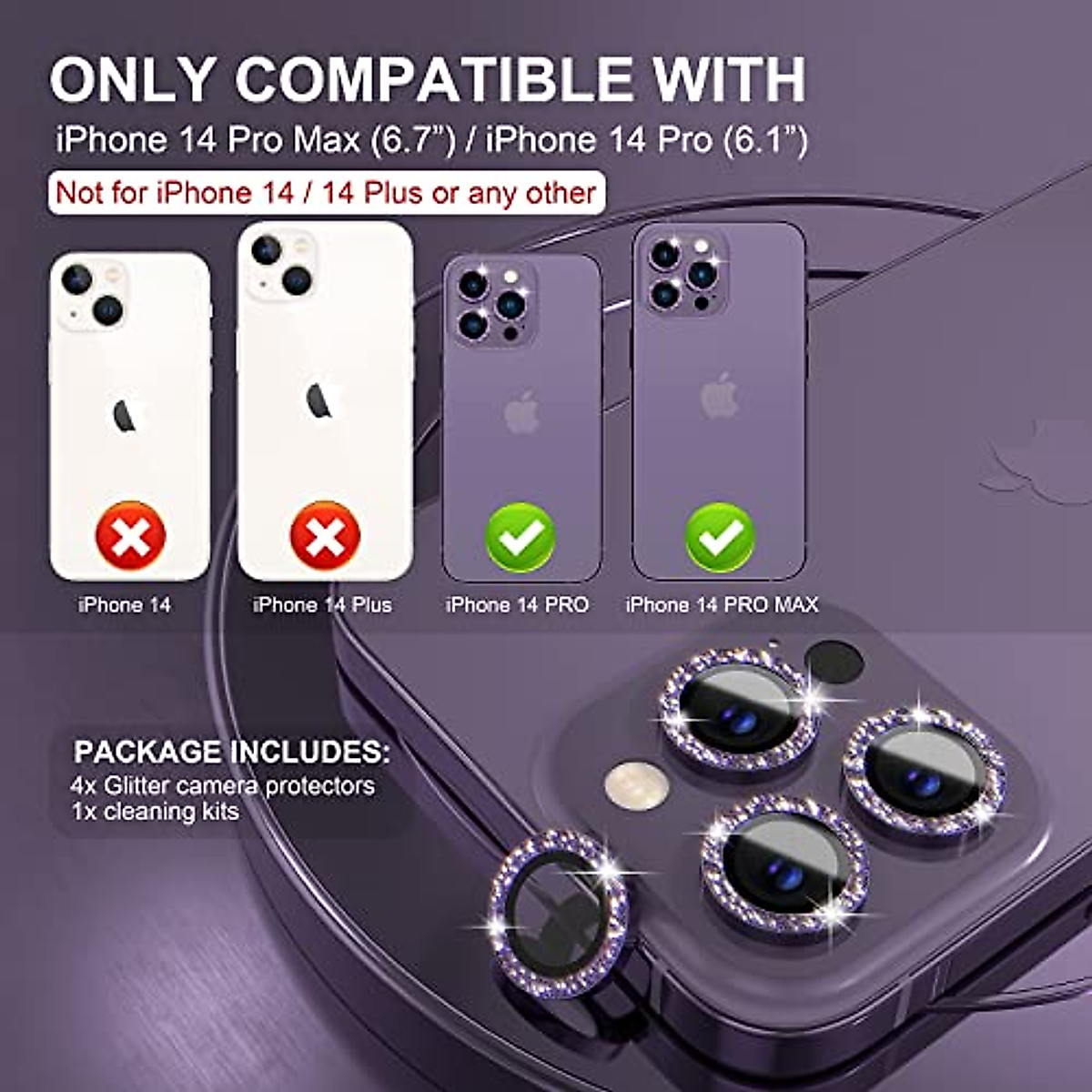 Choiche [3+1] for iPhone 14 Pro/iPhone 14 Pro Max Camera Lens Protector Bling, 9H Tempered Glass Camera Cover Screen Protector Metal Ring Decoration Accessories (Glitter-Purple)