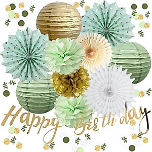 Sage Green Gold Birthday Party Decorations Paper Fans Paper Lanterns Sage Green Gold Scatter Table Decoration for Girls Women Birthday Sage Green Nature Baby Shower Party Decoration