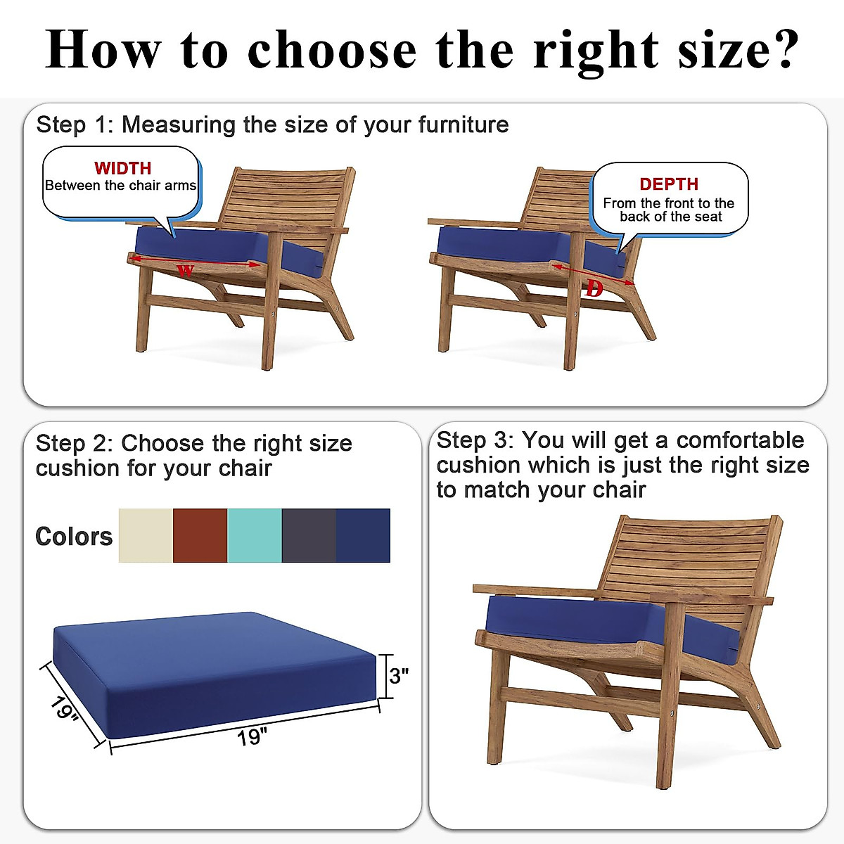 Topotdor Patio Chair Cushions Set of 2,Waterproof Outdoor Chair Cushions with Fade Resistant Removable Cover with Adjustable Straps for Patio Furniture Garden Sofa Couch,19"x19"x3" Blue