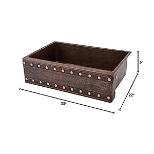 Premier Copper Products KASDB33229BS 33-Inch Hammered Copper Kitchen Apron Single Basin Sink with Barrel Strap Design, Oil Rubbed Bronze