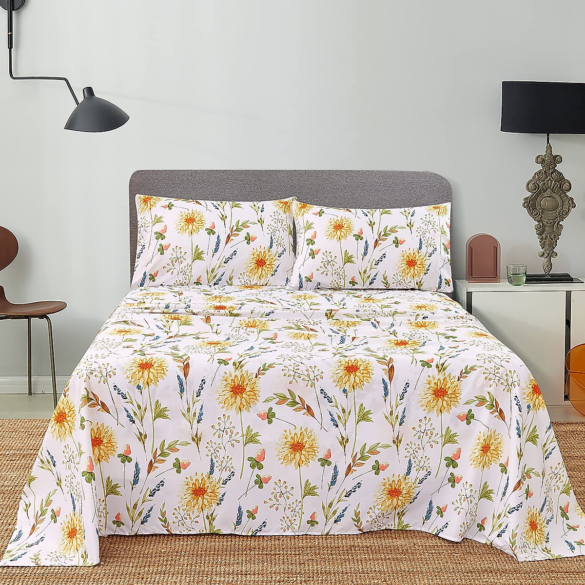 JSD Yellow Floral Printed Sheet Set Queen Size, 4 Piece Soft Botanical Spring Microfiber Bed Sheets Deep Pocket