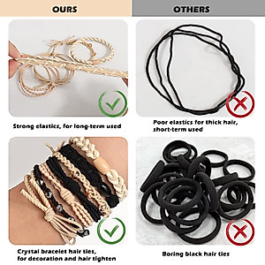 Mity rain 20 Pieces Hair Ties Bracelets for Women Girls, Crystal Boho Hair Ties No Damage, Elastics Hair Ties Ponytail Holders, 5 Styles Cute Hair Ties for Thick Thin Hair Black/Beige