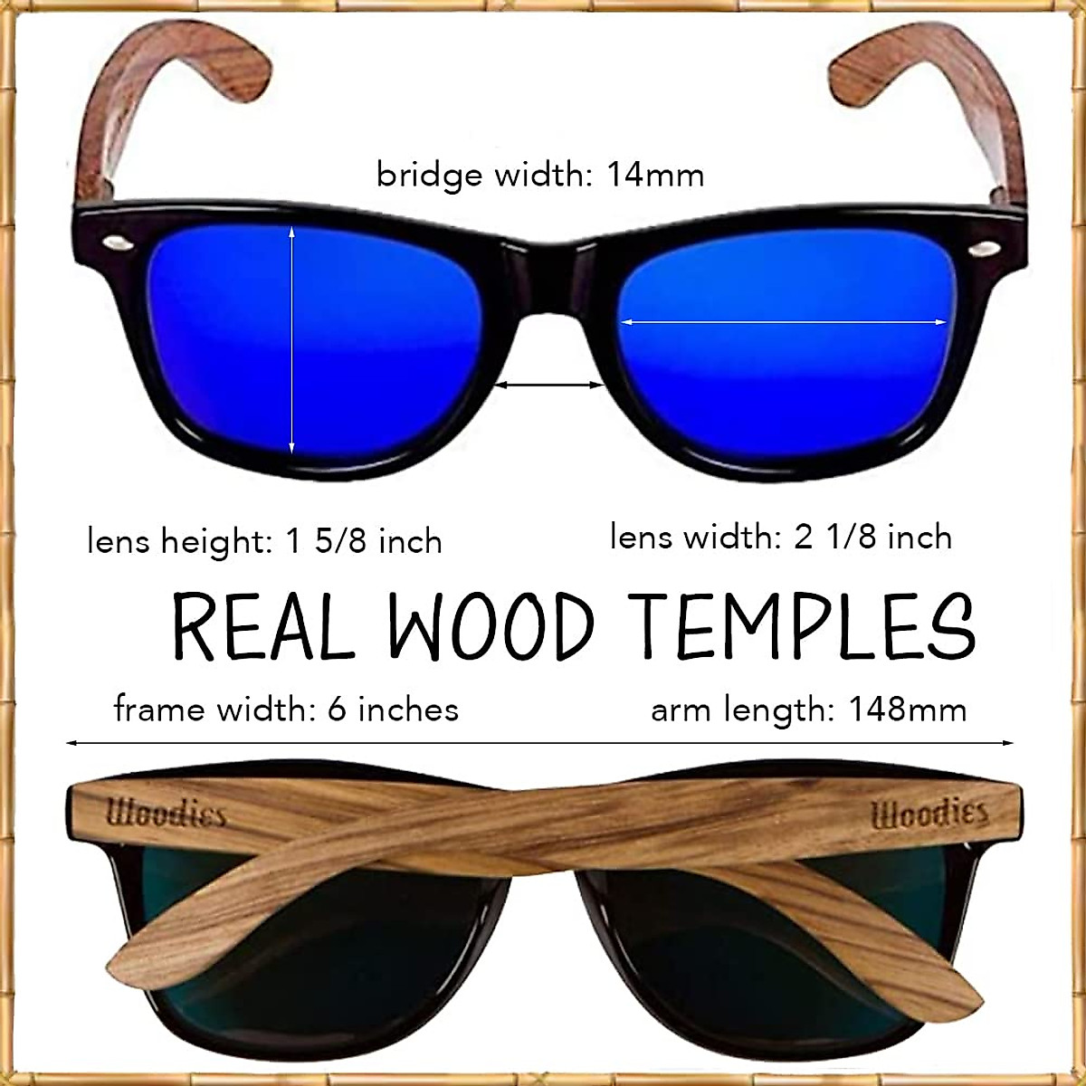 Woodies Zebra Wood Sunglasses with Blue Mirrored Polarized Lens and Real Wooden Frame for Men and Women | 100% UVA/UVB Protection