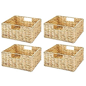 mDesign Woven Hyacinth Storage Bin Basket Organizer with Handles for Organizing Closet, Laundry, Home Office, Nursery, Kitchen, Bathroom Shelf - Holds Towels, Blankets, Books, 4 Pack - Natural/Tan