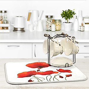 Oarencol Poppy Red Flower Dish Drying Mat Large Kitchen Counter Reversible Microfiber Dishes Drainer Mat 18 x 24 Inch