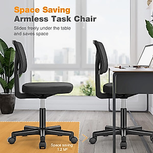 Armless Mesh Office Chair, Ergonomic Computer Desk Chair, No Armrest Small Mid Back Executive Task Chair with Lumbar Support and Swivel Rolling for Small Spaces, Black