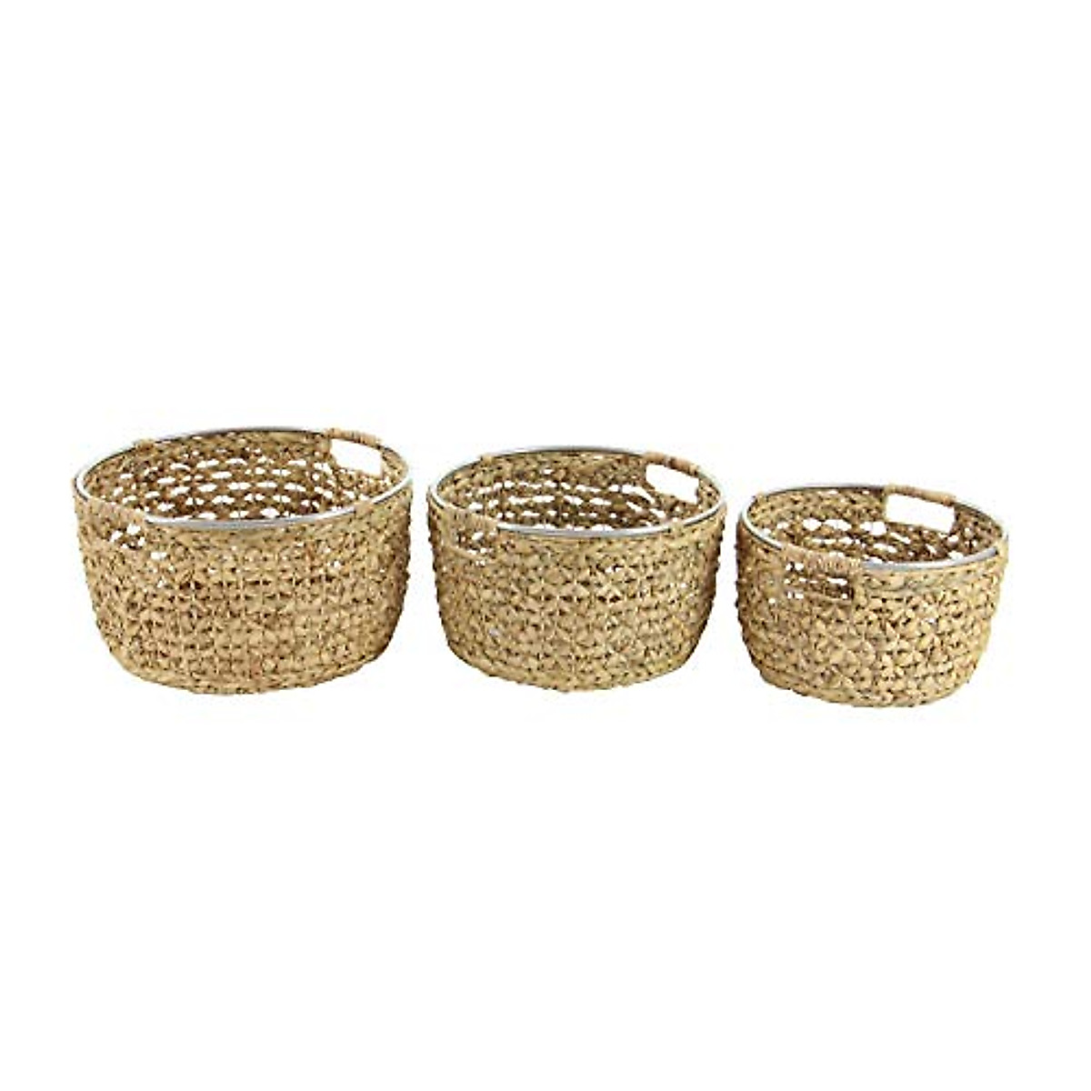 Deco 79 Seagrass Handmade Storage Basket with Metal Handles, Set of 3 15", 17", 19"W, Light Brown