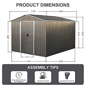 10x8FT Outdoor Metal Storage Shed with Floor Frame, UV Resistant Waterproofs Steel Garden Shed, Tool Storage Shed with Sloping Roof and Lockable Door for Backyard, Patio and Lawn (Grey)