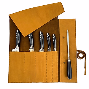 Weatherproof, Rustic Knife Roll Case (5 pockets) Handmade from Suede Leather - Compact Carry On Bag for Traveling Chefs & Cooks, Kitchen Tool Storage Organizer :: Old Tobacco