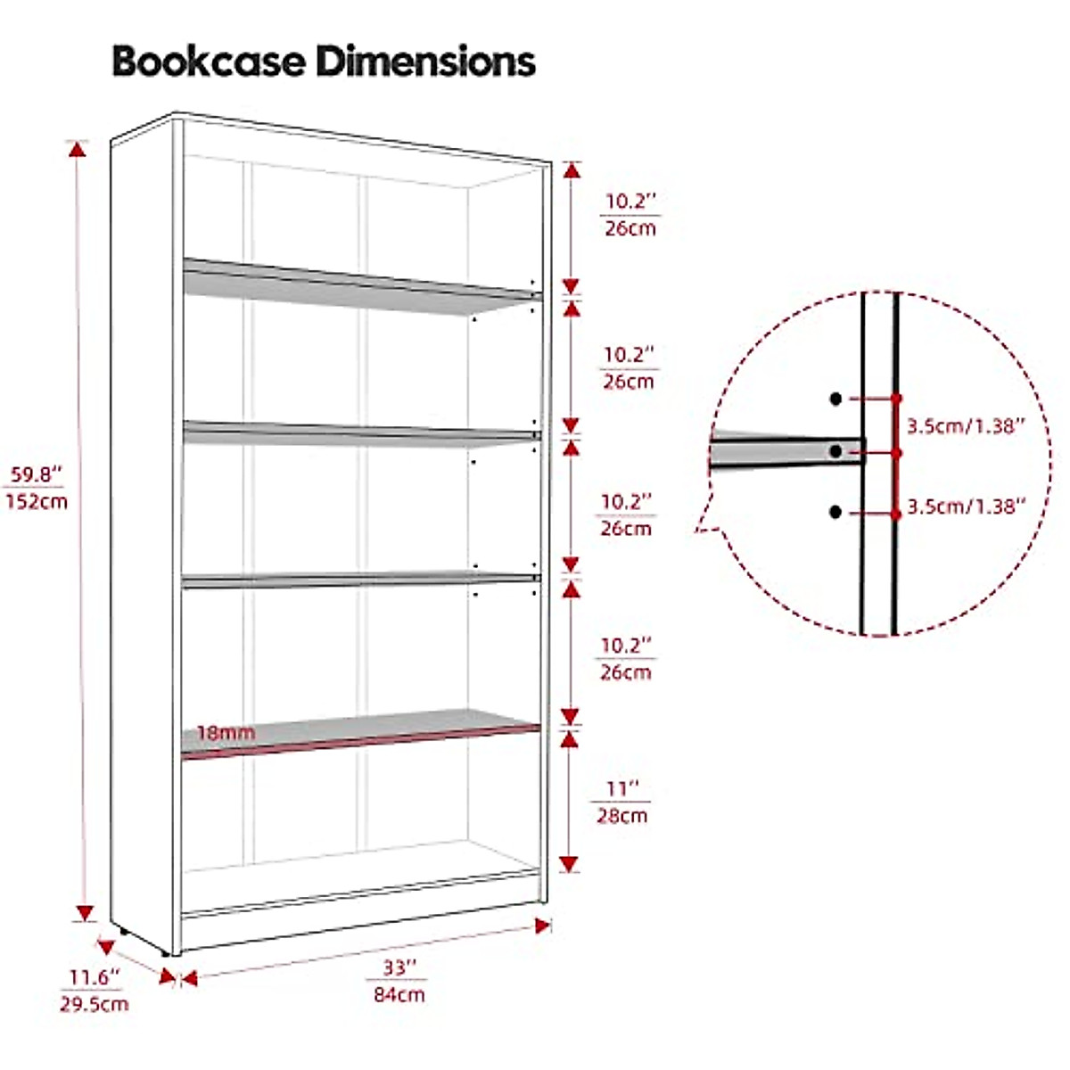 Wood Bookcase 5-Shelf Freestanding Display Wooden Bookshelf for Home Office School (11.6" D*33" W*59.8" H,White)
