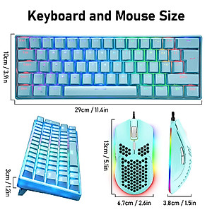 Mechanical Gaming Keyboard and Lightweight Honeycomb Mouse Combo with Rainbow RGB Backlit Full Anti-ghosting 61 Key Ergonomic Programmable Mice Wired USB for Laptop PC Gamer Typist(Blue/Blue Switch)