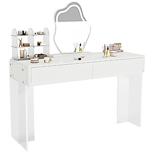 LITTLE TREE Computer Desk with Acrylic Legs, Home Office Desk with 2 Drawers, Modern White Desk with Storage, Makeup Vanity Desk for Bedroom