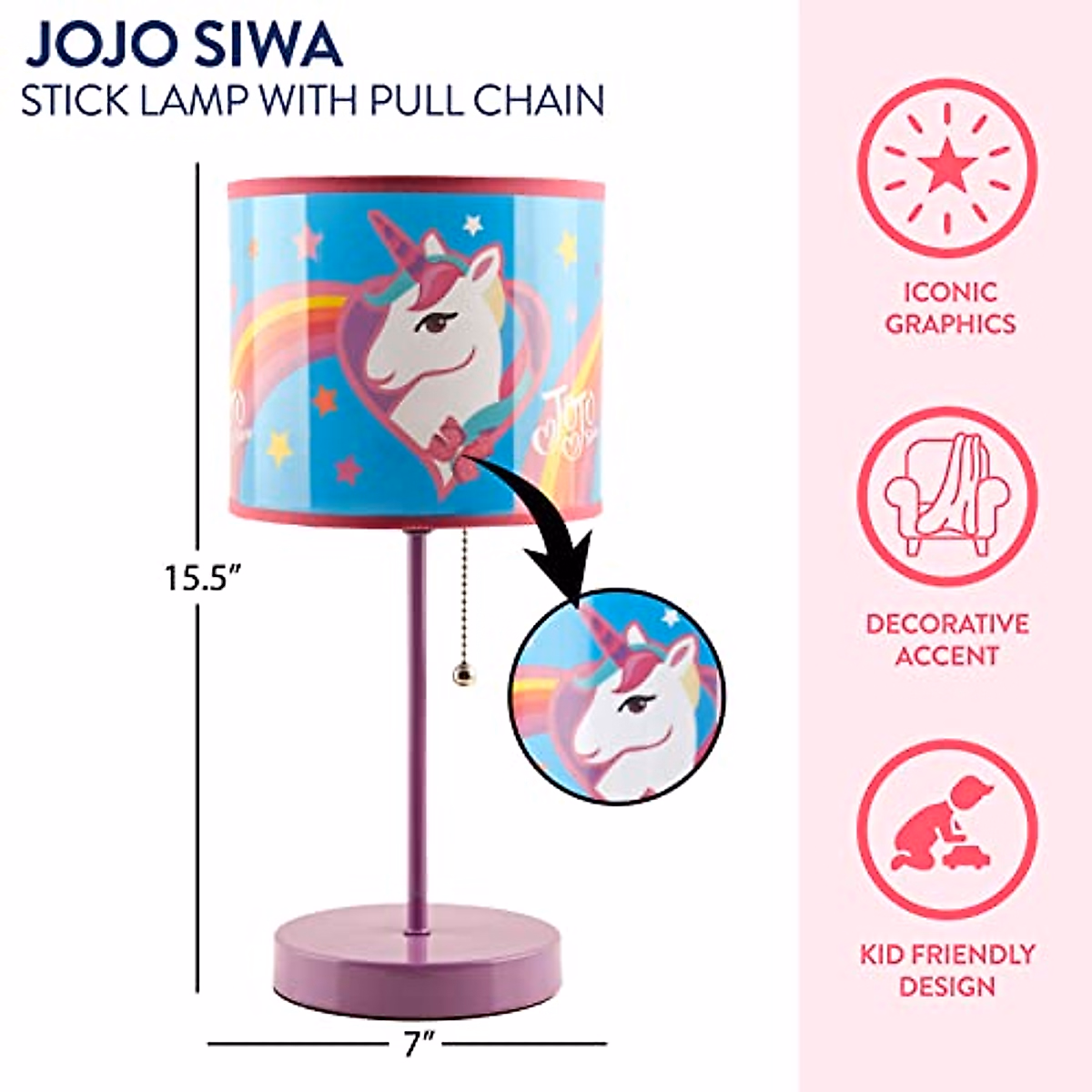 Idea Nuova JoJo Siwa Unicorn Stick Table Kids Lamp Metal with Pull Chain, Themed Printed Decorative Shade