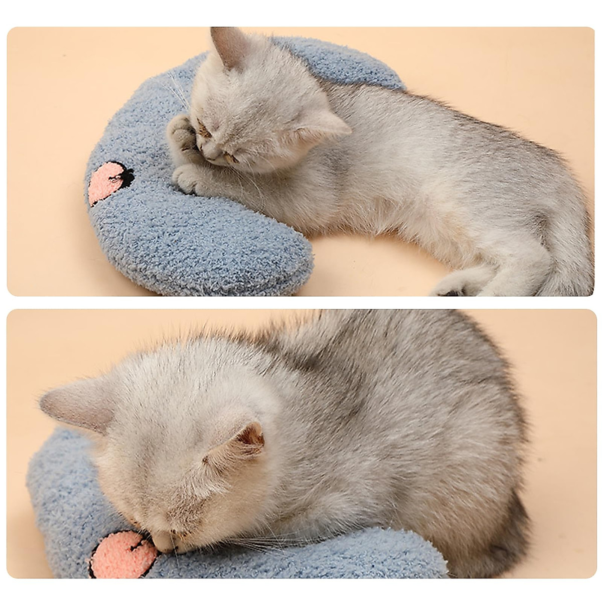 Ycfish Pillow for Cats, Calming Pillow for Dogs, Soft Fluffy Cat Pillow, Catnip Toy Ball Pet Toy, U-Shaped Pillow for Pet, Joint Relief Sleeping Improve (Blue)