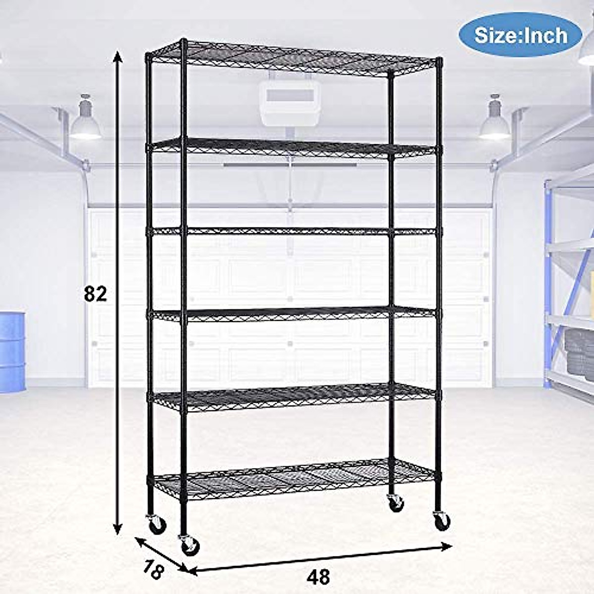 18x48x72 Inch Commercial Wire Shelving Unit with Wheels 6 Tier Heavy Duty Layer Rack Storage Metal Shelf Garage Organizer Wire Rack Shelving Adjustable Utility 2100 LBS Capacity with Casters,Black