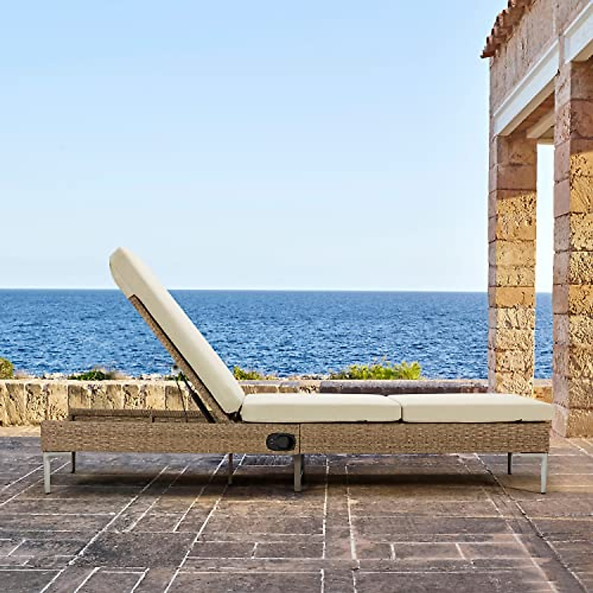 HOMREST Outdoor Chaise Lounge Chair Set of 2, Patio Wicker Lounge Chair with Pneumatic Adjustable Backrest, Rattan Pool Sunbathing Lounge Chair Suitable for Outside with Removable Cushion (Khaki)