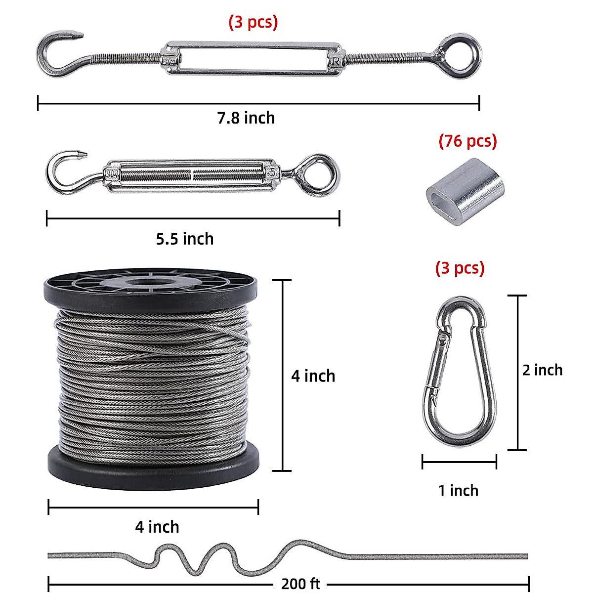 Outdoor String Light Hanging Kit, 200ft Coated Stainless Steel Cable Light Guide Wire, Contain Turnbuckle and Hooks, for Indoor and Outdoor Lights, Patio, Garden