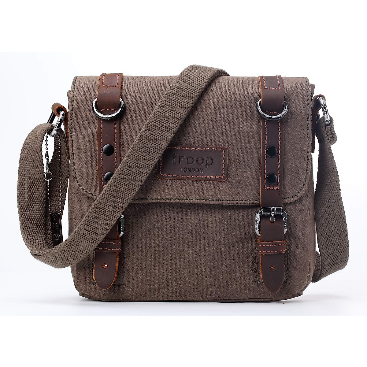 Troop London Heritage Canvas Leather Shoulder Bag, Across Body Bag, Smart Small Travel Bag TRP0428 (Olive)