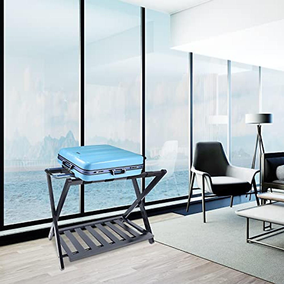 TBVECHI Luggage Rack, Household 2 Tier Black Luggage Storage Rack Folding Bedroom Storage Rack High-Grade Bamboo Wood Foldable Design Easy to Store Strong Load-Bearing Capacity for Home Hotel Use