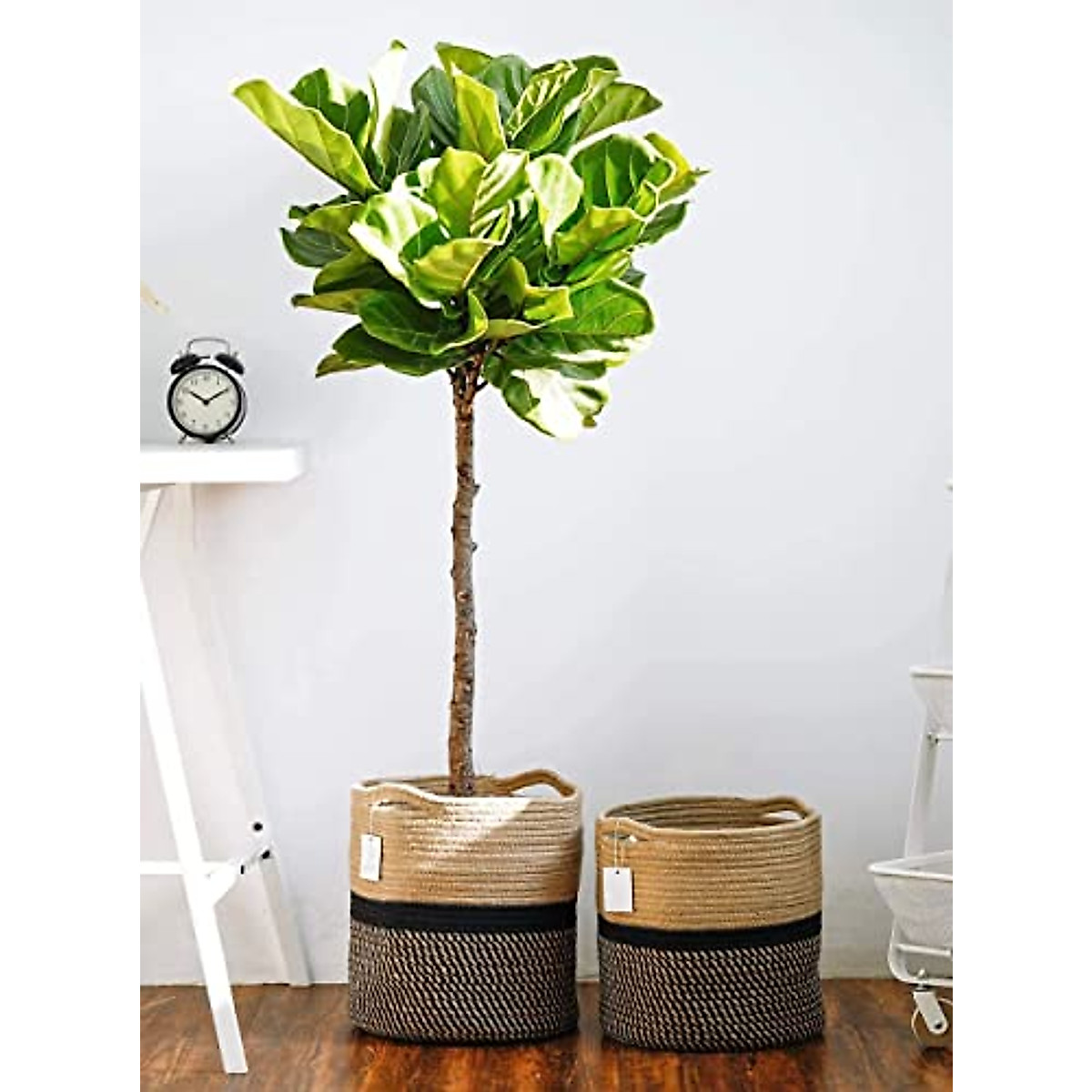 Large Modern Woven Rope Basket. Woven Storage Basket Decorative Rope Basket Wooden Bead Decoration for Blankets,Toys,Clothes,Shoes,Plant Organizer Bin with Handles Living Room Home Decor, Jute.