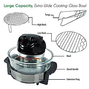 Nutrichef Convection Countertop Toaster Oven - Healthy Kitchen Glass Air Fryer Roaster Oven, Bake, Grill, Steam Broil, & Roast - Includes Glass Bowl, Broil Rack, & Toasting Rack - 18 Quart Capacity