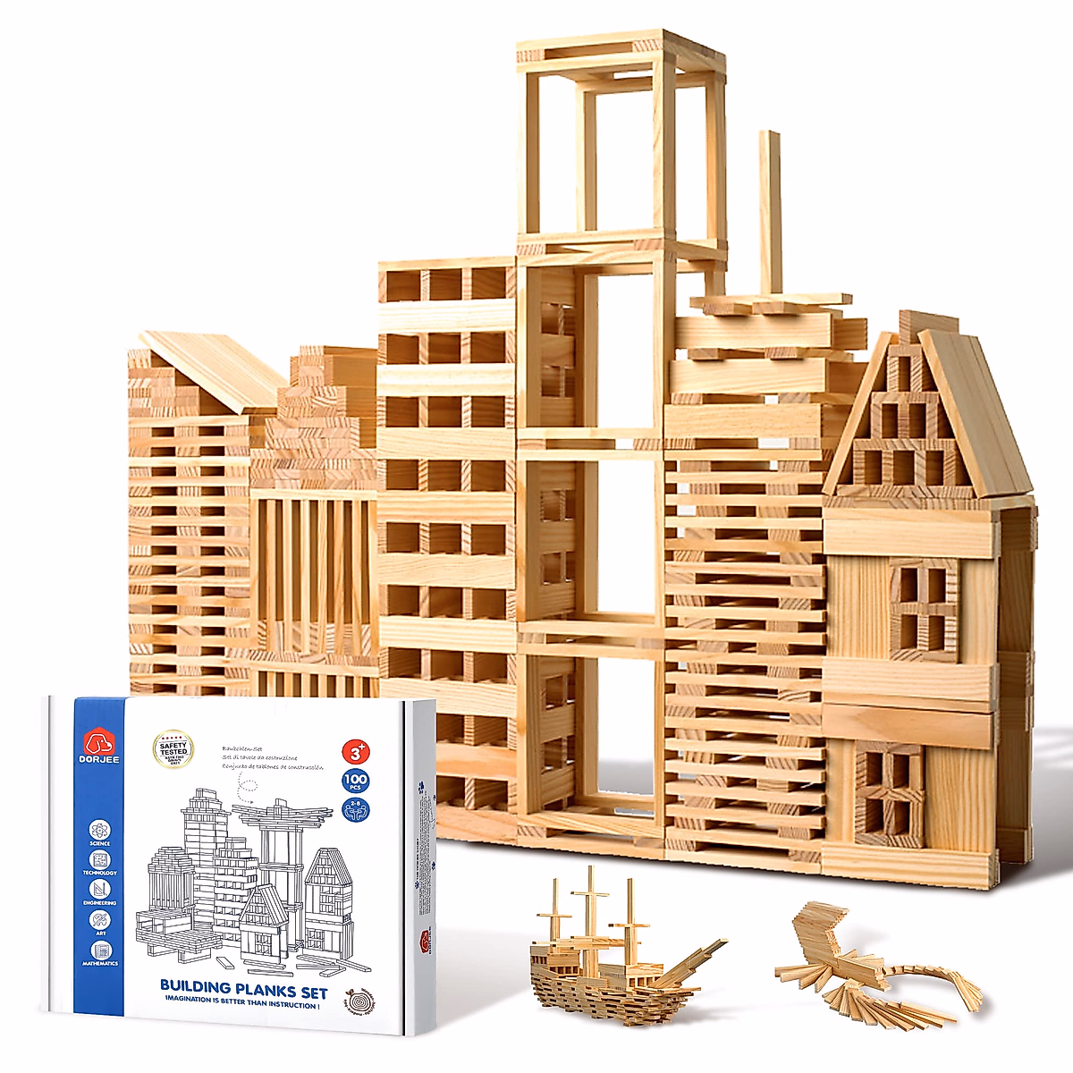 ICEKO KN 100pcs Classic Wooden Building Blocks Set,Solid STEM Building Toys for Kids, Preschool Learning Montessori Toys for Toddlers, Boys & Girls Birthday Gift (Log Color)