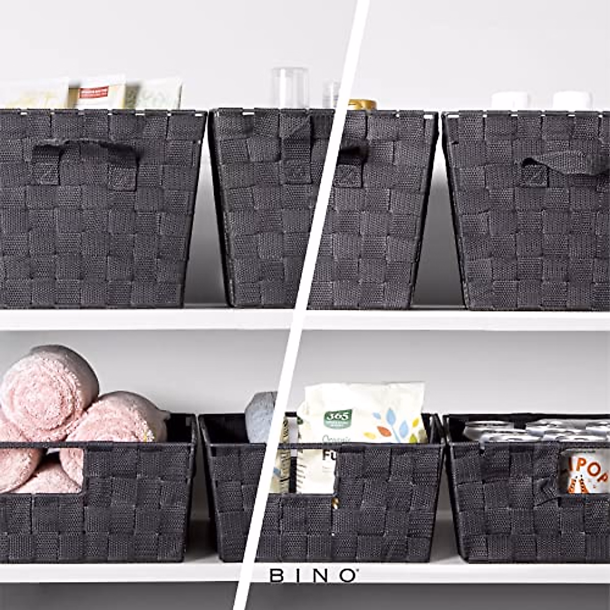 BINO 3 Pack Woven Strap Storage Basket Organizer - Shelf/Under Bed Organizers with Built-in Carry Handles, Dark Grey (Small)
