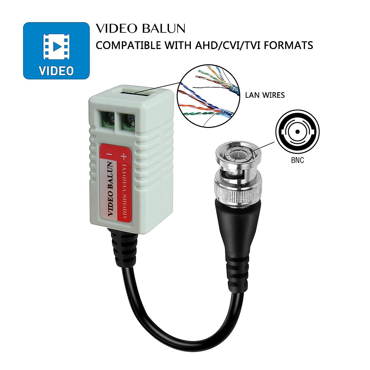 Video Balun Connectors Passive HD CVI/AHD/TVI Signal Transceivers 720P/1080P/2MP Single Channel for BNC Male Cable via CAT5/5E/6 Twisted Pair Transmitter CCTV Security Camera System 20 Pairs