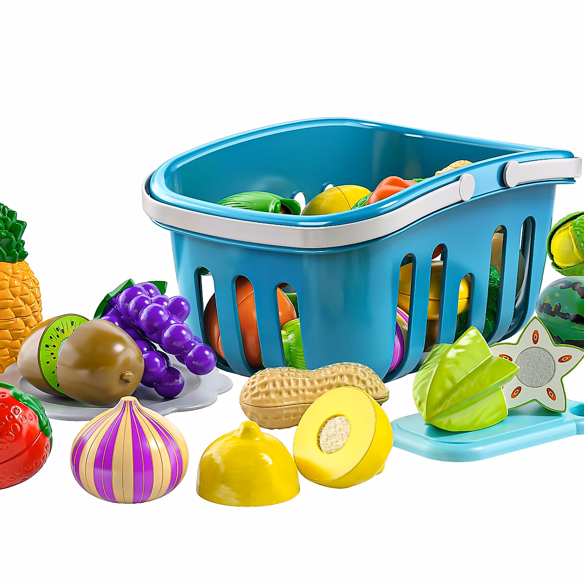 TEMI 70 Pieces Cutting Play Food Toy for Kids Kitchen - Pretend Fruit and Vegetables Accessories Toys for 3 4 5 6 Girls with Storage, Dishes and Knife, Educational Kitchen Toy for Toddlers Age 3-5