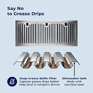 Hauslane Wall Mounted Range Hood 36 Inch WM-739, Powerful Suction, Wall Mount Kitchen Vent, Stainless Steel, Black Glass Panel, 3 Speed Touch Control, Baffle Filter Vented or Ventless 6" Duct