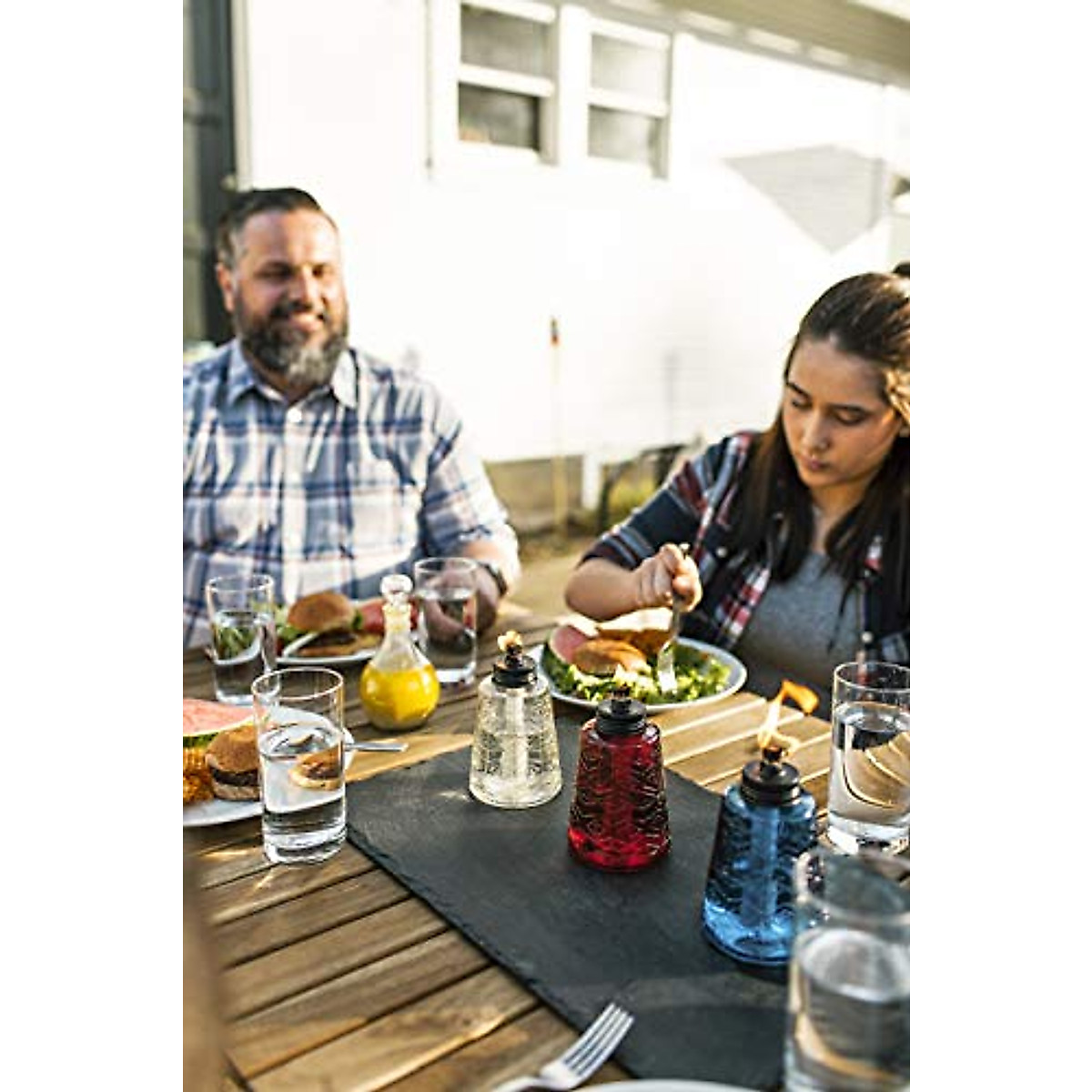 TIKI, Brand Molded Glass, Decorative Table Top Torch for Outdoor Lawn, Patio, and Garden White & Blue (Set of 3), 1117213, Red, White and Blue