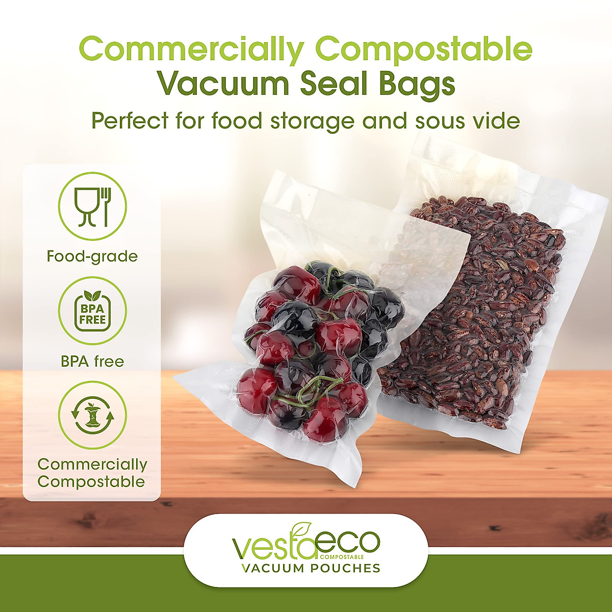 VestaEco Commercially Compostable Vacuum Seal Bags - Embossed - 8 x 12 Inches - 100 Vacuum Seal Bags per Pack