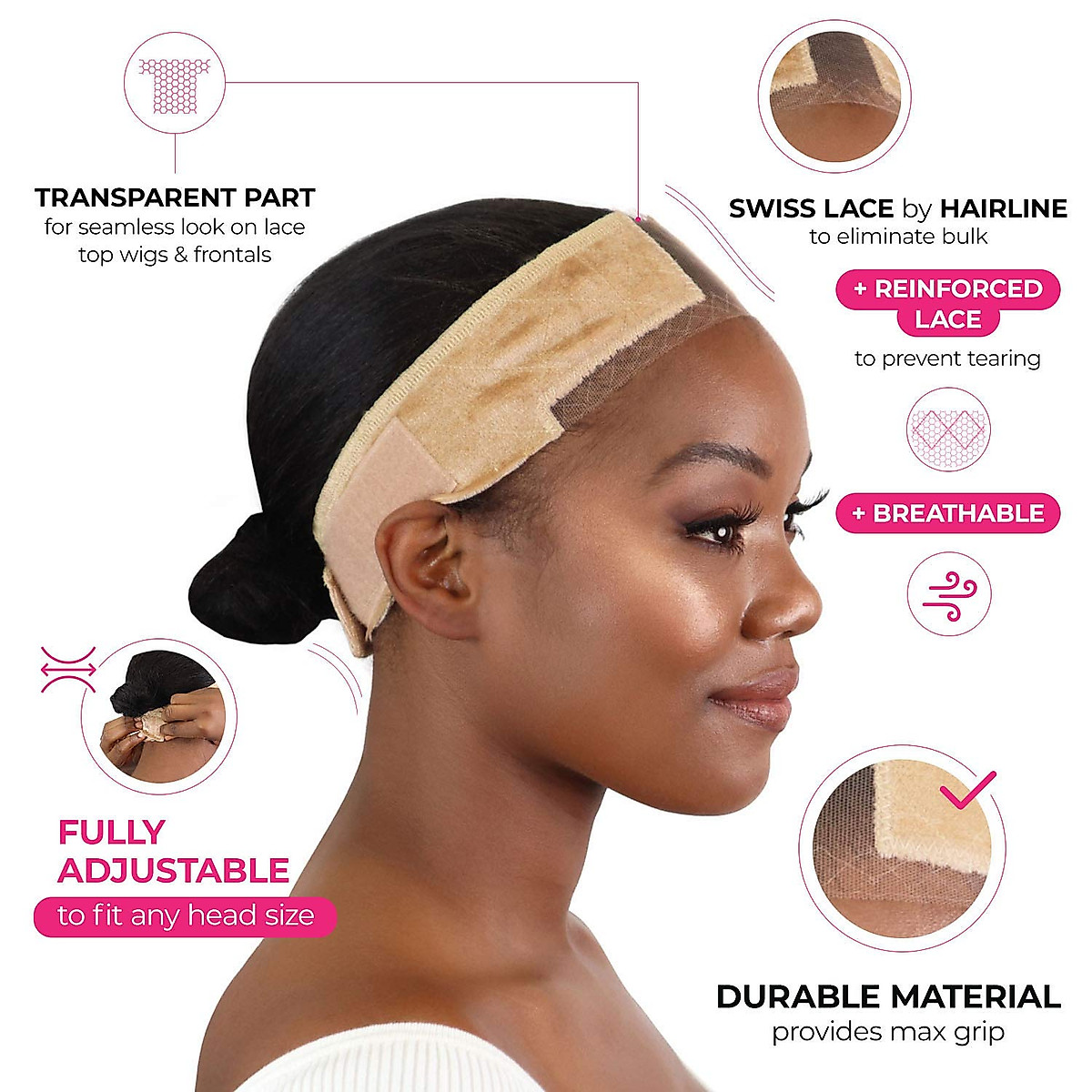 MILANO COLLECTION Wigrip, Premium Lace Wig Band for Women, Fully Adjustable & Reinforced Lace Wig Grip Band by Hairline, Comfortable and Secure Glueless Velvet Headband, Nude, 2 Pack