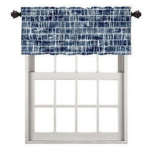 BaoNews Abstract Indigo Kitchen Valances Window Curtain, Blue Check Abstract Indigo Tie Dyed Grid Navy Blackout Decoration Small Window Valances Curtains Drapes Kitchen Bedroom, 52 X 18 Inch