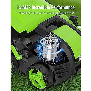 (2023 Upgraded) SWIPESMITH 16” 15 Amp Electric Dethatcher Scarifier, Lawn Dethatcher with 5-Position Depth Adjustment, 14.5 Gal Removable Thatch Collection Bag, Quick-Fold, Keeps Lawn Health