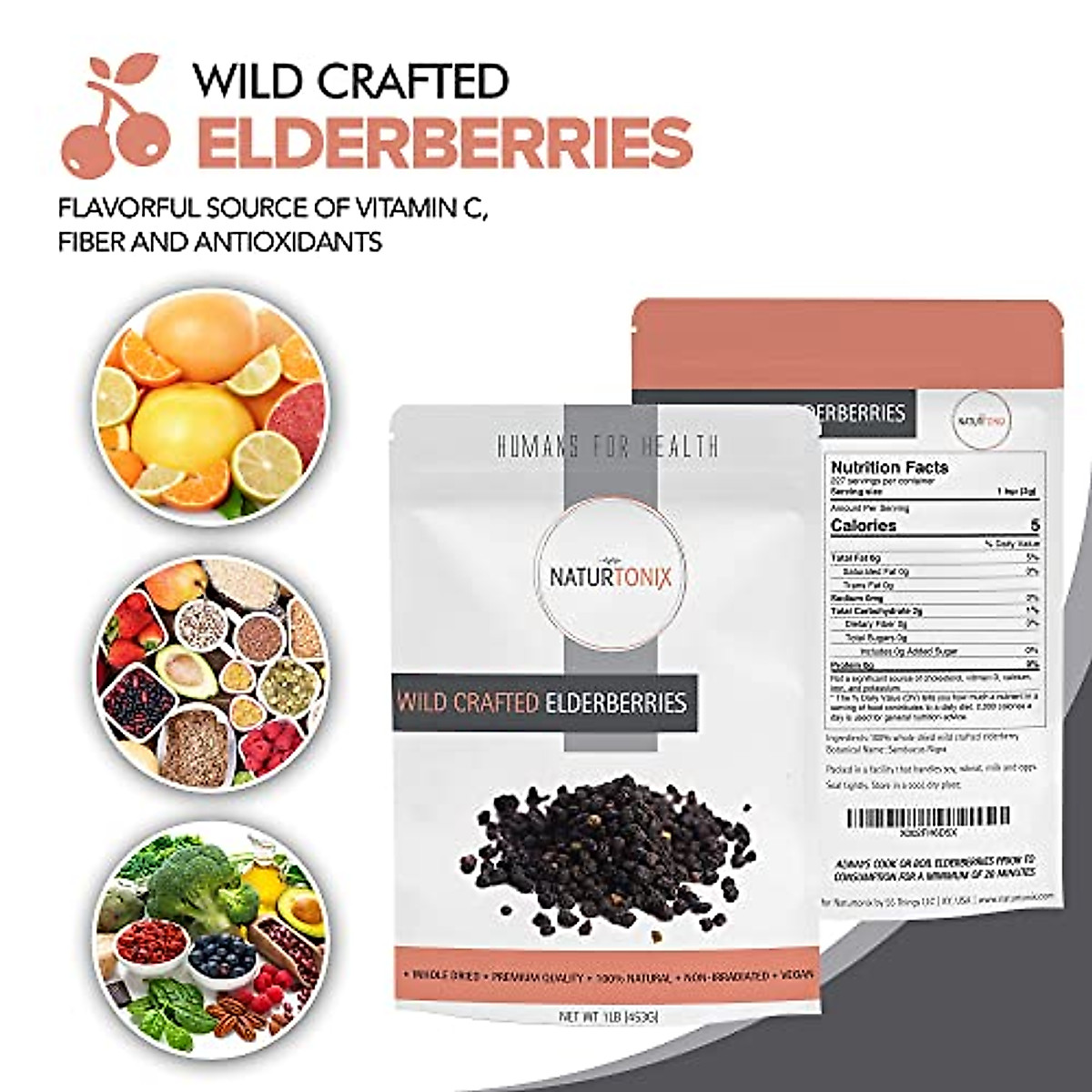 Naturtonix Whole Dried Elderberries, All Natural Immune Booster, Vegan, Gluten Free & Non-GMO, Vitamin C, Sambucus Nigra, For Making Tea, Syrup, Jam & Gummies 8 Ounce Pouch