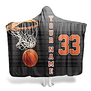 Personalized Amazing Basketball Hoop Hooded Blanket with Name, Fuzzy Hooded Basketball Blanket, Plush Basketball (50x40, 60x50, 80x60) Wearable Hooded Blanket Soft Warm, Gifts for Basketball Lovers