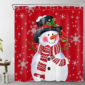 LB Funny Snowman Shower Curtain for Bathroom, Christmas Cardinal with Snowflake on Red Fabric Shower Curtain with Hooks, Winter New Year Holiday Bathroom Curtain Shower Set, 72" W x 72" L