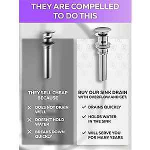 Premium Pop Up Drain with Overflow 1.6"- 1.9" Universal Bathroom Drain Kit - Chrome Bathroom Sink Drain with Overflow All Metal Rustproof Brass and 304 Stainless Steel - Push Button Sink Drain