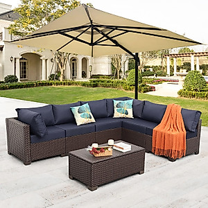 Rattaner 7 Pieces Outdoor Wicker Furniture Conversation Set Patio Furniture Sectional Sofa Couch Patio Storage Table with Thicken(5") Non-Slip Cushions Furniture Cover, Navy Blue