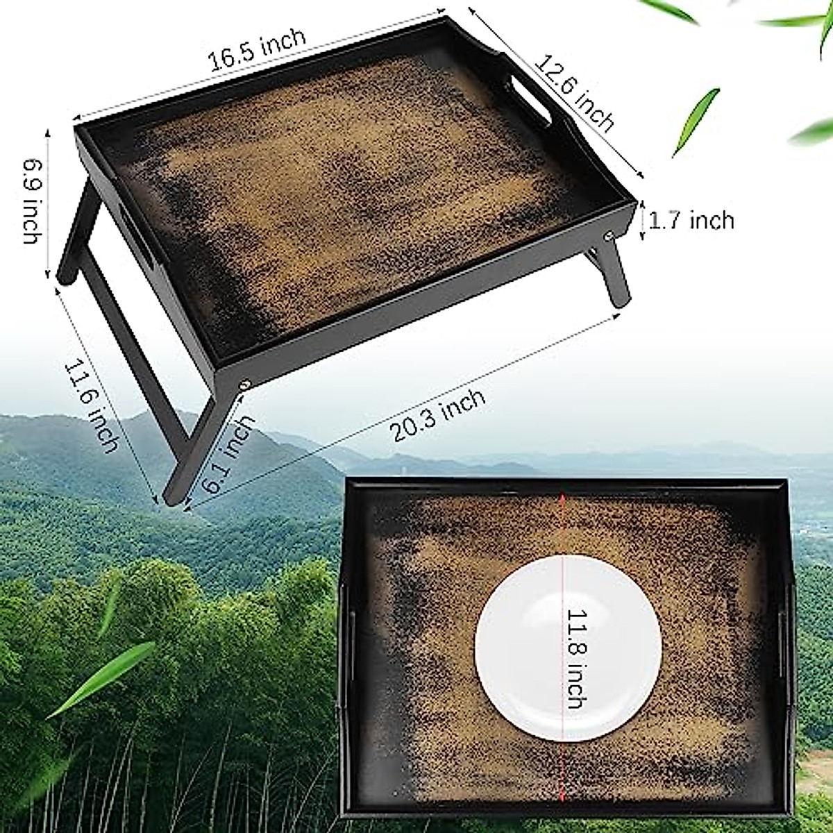 TURSTIN 2 Packs Bed Tray Bamboo Bed Trays Table with Folding Legs Breakfast in Bed Portable Food Serving Lap Tray with Handles for Eating Snack Laptop Working Bed Sofa Kitchen Bedroom, Black